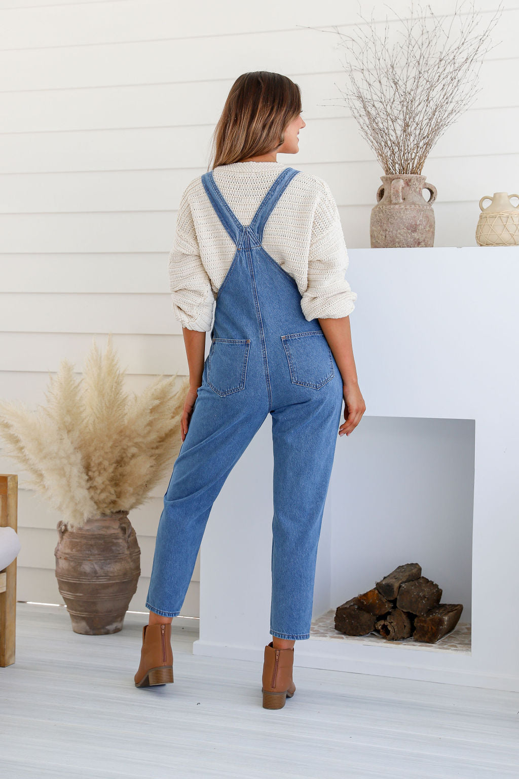Women's Brooklyn long denim overalls in mid blue | Arlow Boutique